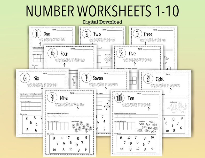 Kids Printable Number Recognition Worksheets/ Numbers 1-10 Bundle - Etsy