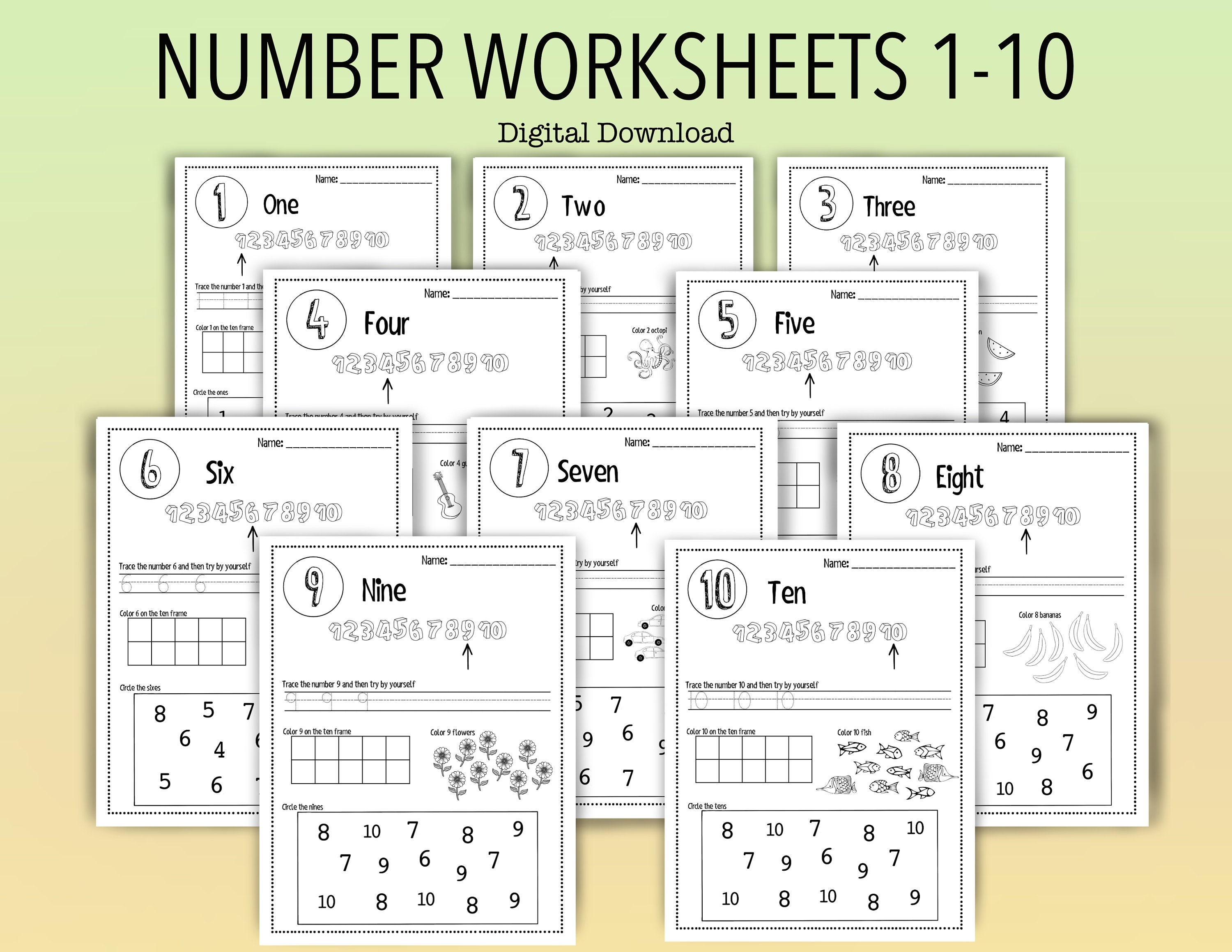 Kids Printable Number Recognition Worksheets/ Numbers 1-10 Bundle - Etsy