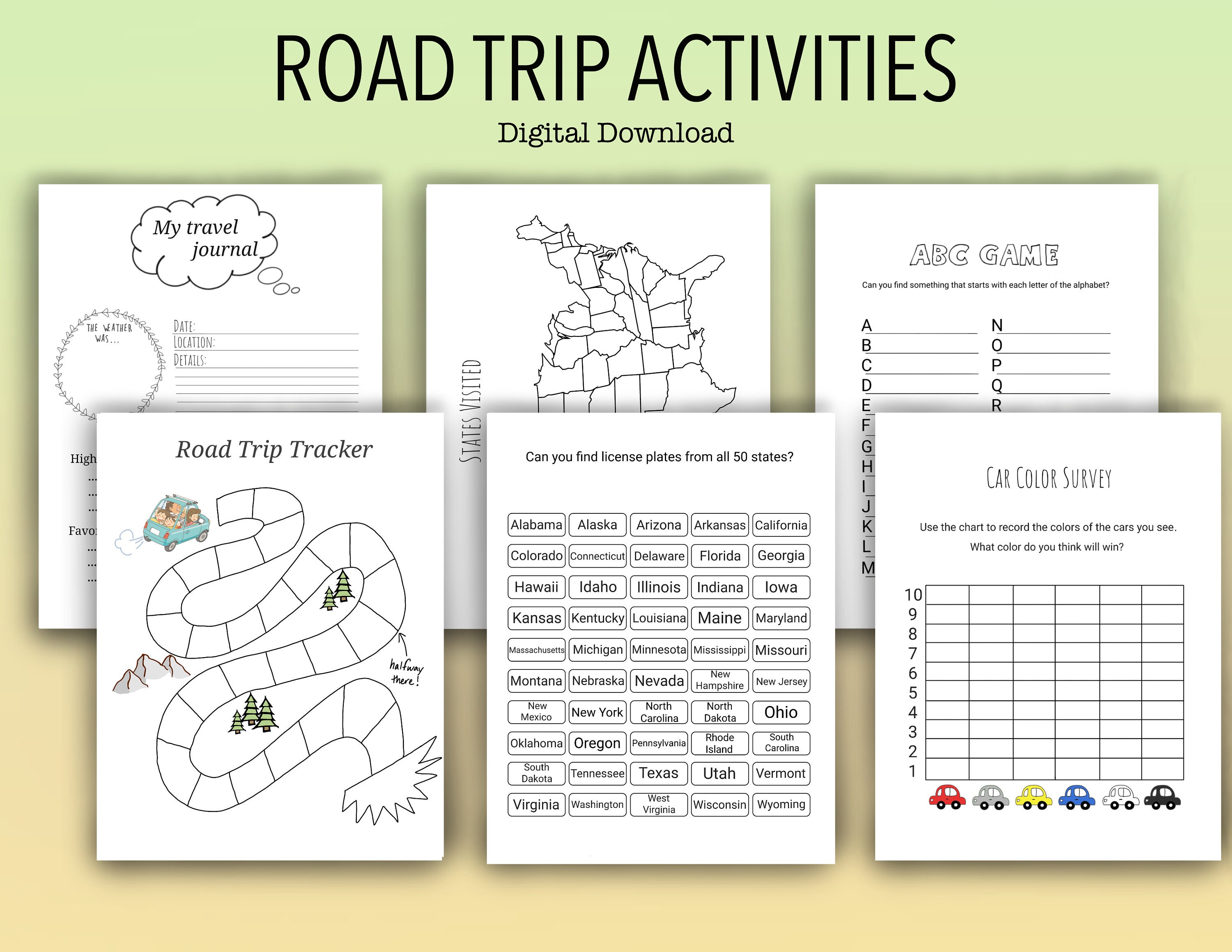 Set of 6 / Kids Printable Road Trip Bundle/ Road Trip Tracker / Car ...