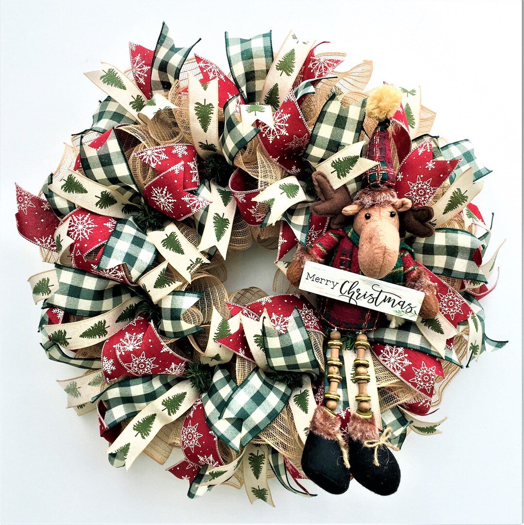 Christmas Deco Mesh Wreath, Burlap Wreath, Christmas Moose Wreath ...