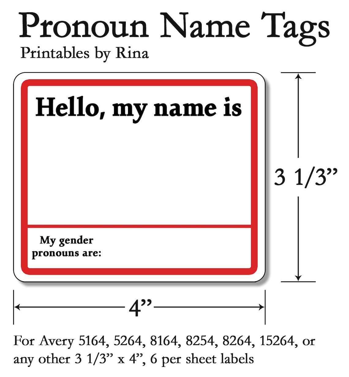 Pronoun Name Tag Stickers - Printable Template Download (3 1/3" X 4 ...