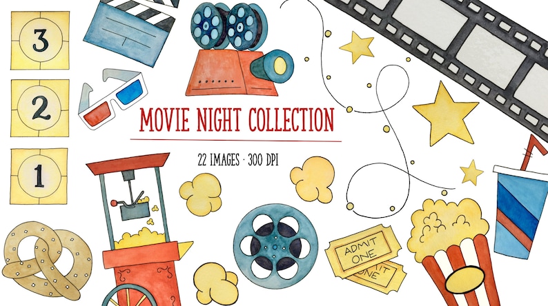 Movie Night Watercolor Clipart - Fun Clipart - Instant Download - Etsy
