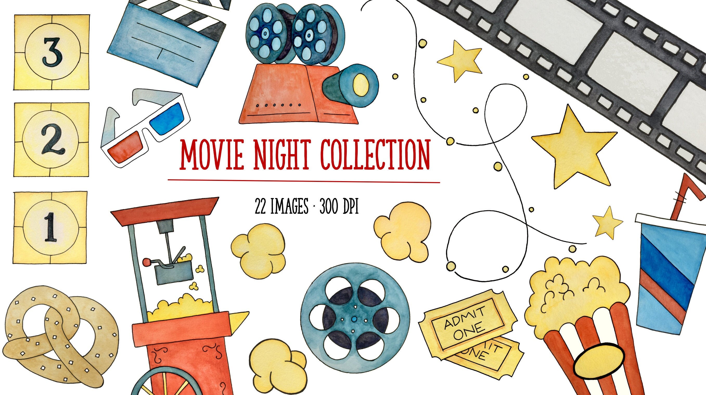 Movie Night Watercolor Clipart - Fun Clipart - Instant Download - Etsy
