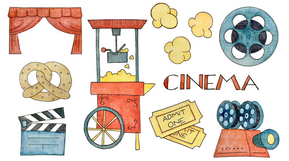 Movie Night Watercolor Clipart - Fun Clipart - Instant Download - Etsy