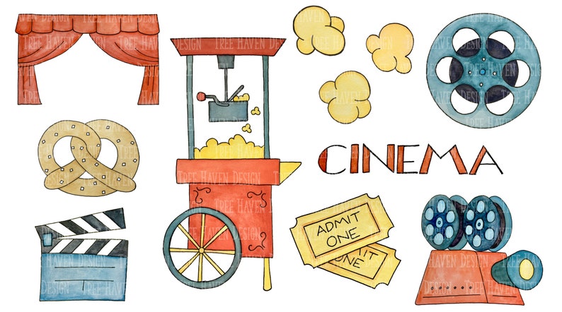 Movie Night Watercolor Clipart - Fun Clipart - Instant Download - Etsy