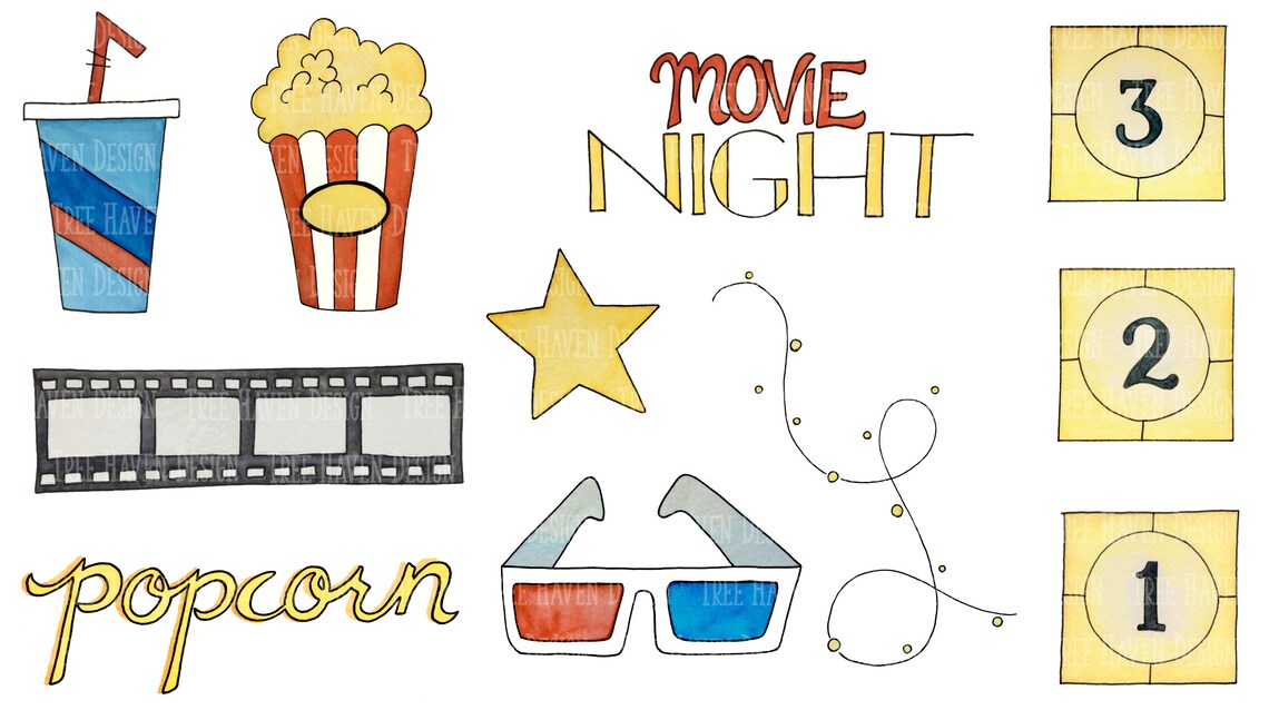 Movie Night Watercolor Clipart - Fun Clipart - Instant Download - Etsy