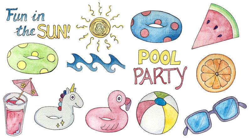 Pool Party Watercolor Clipart - Cute Summer Clipart - Instant Download ...
