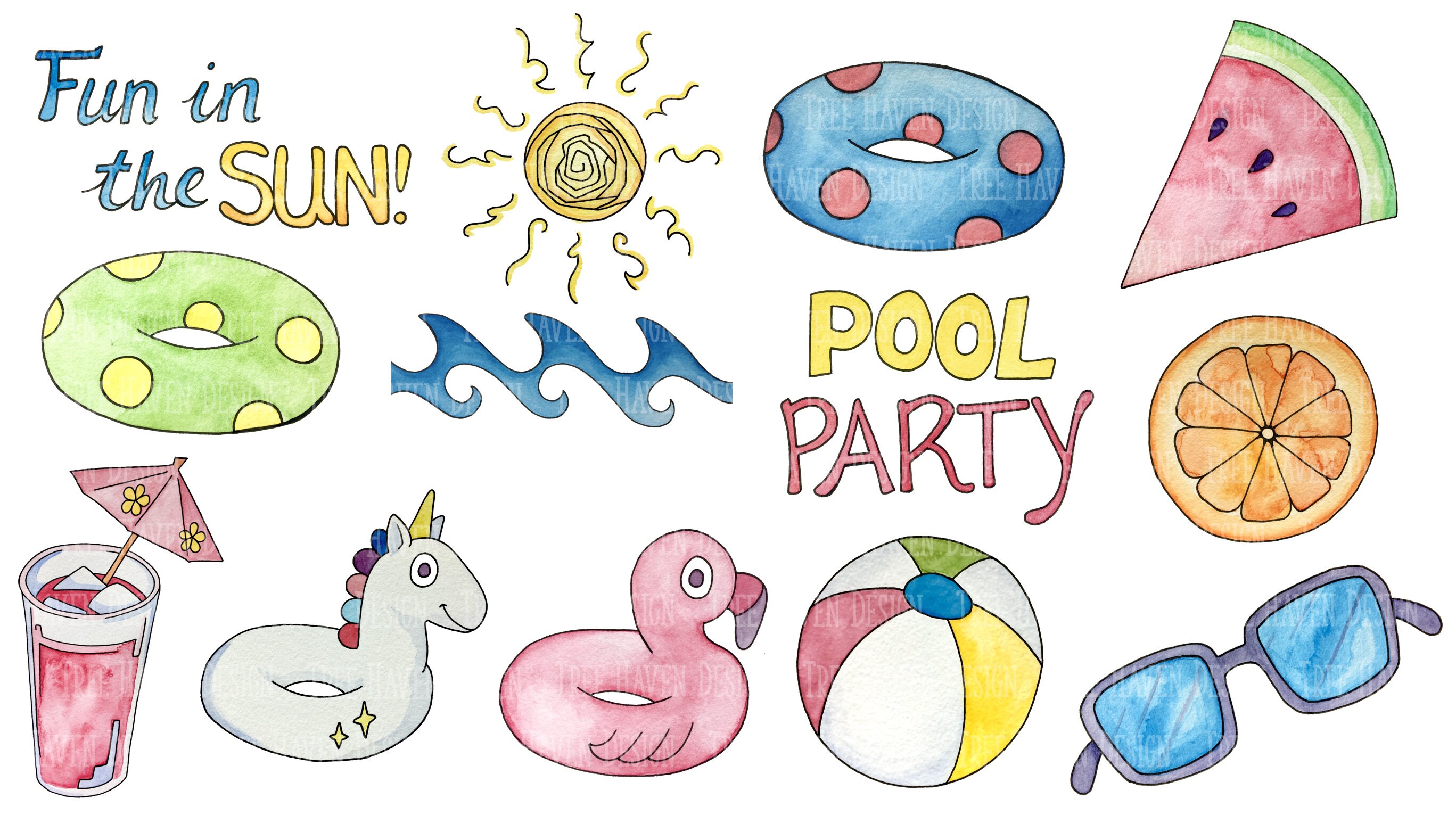 Pool Party Watercolor Clipart - Cute Summer Clipart - Instant Download ...