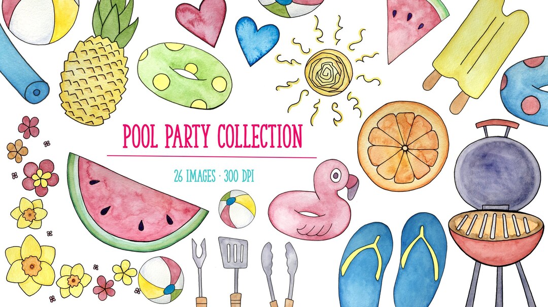 Pool Party Watercolor Clipart - Cute Summer Clipart - Instant Download ...