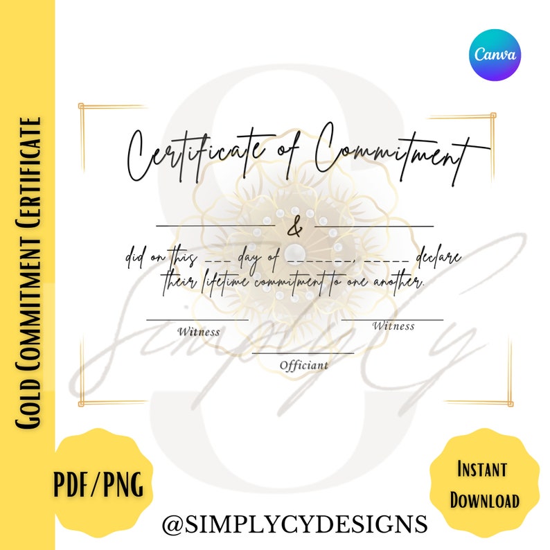 Commitment Ceremony Certificate Template Digital Download, Gold ...