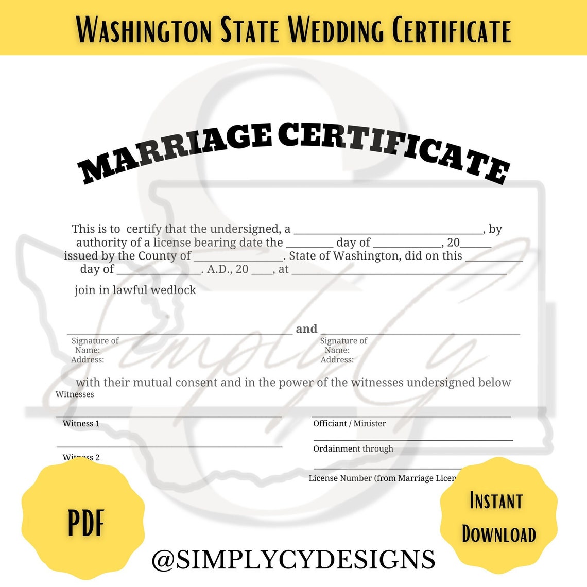 Washington Commemorative Marriage Certificate, Digital Download ...
