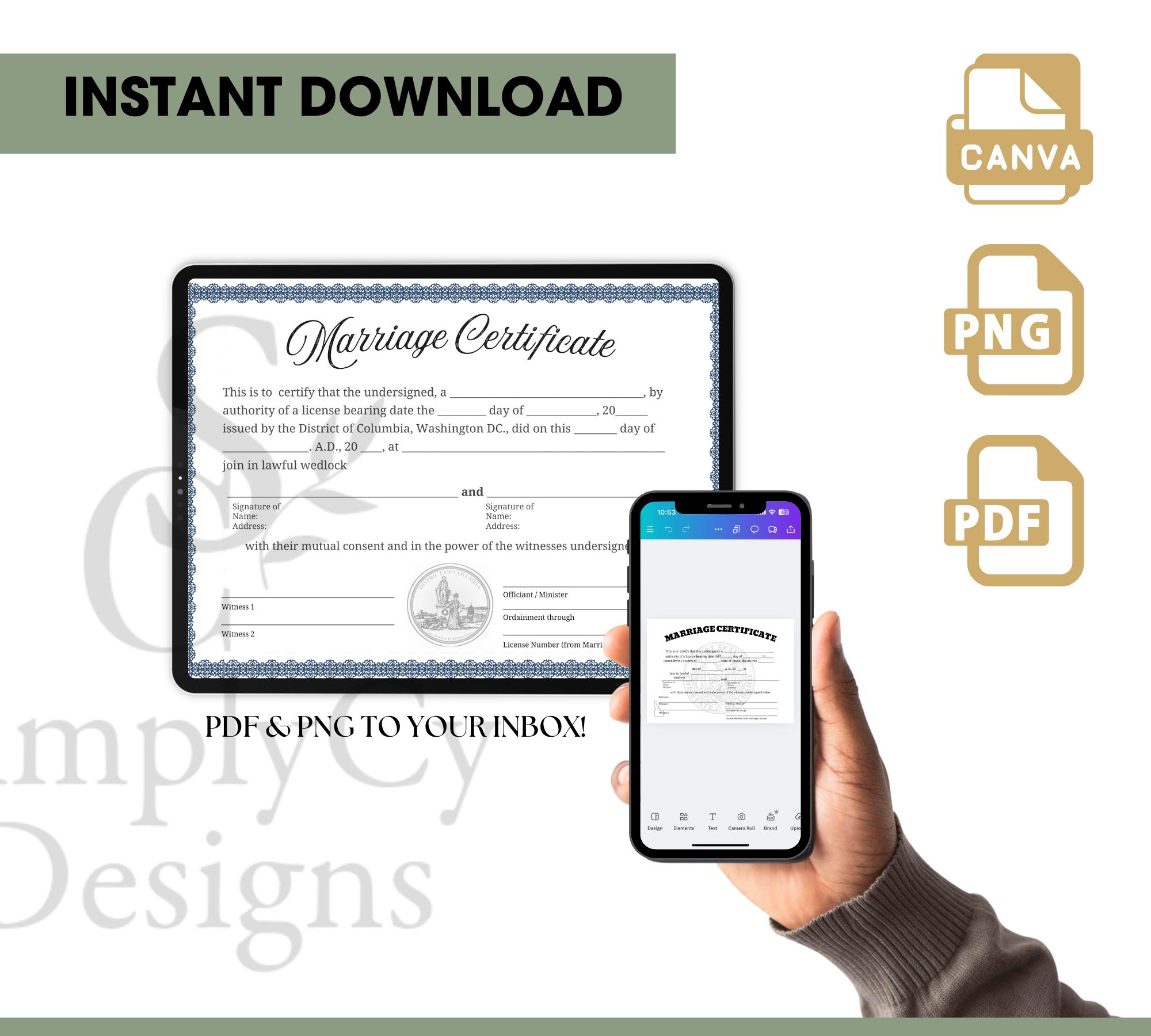 Washington DC Marriage Certificate Printable | Custom Wedding ...
