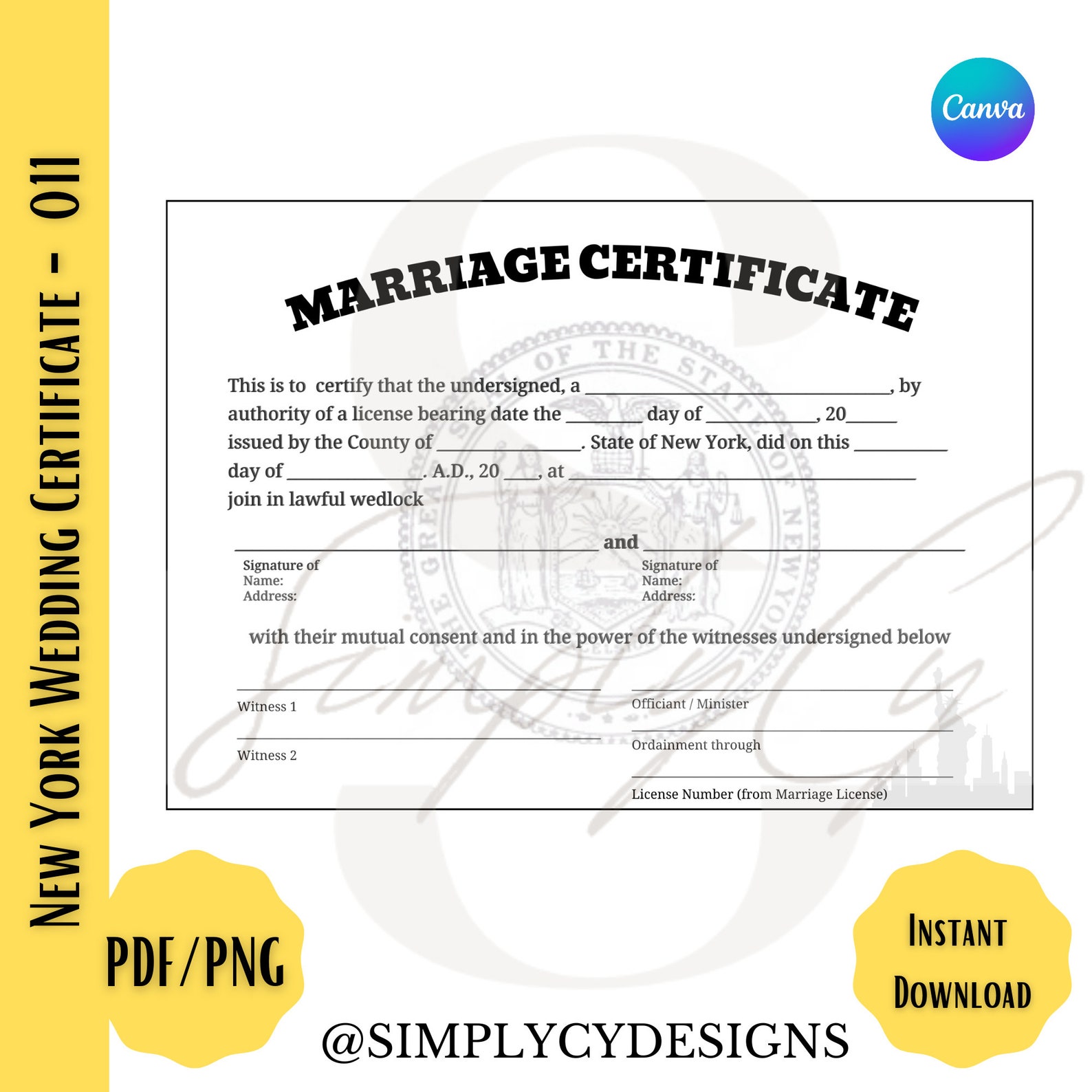 New York Marriage Certificate With Seal and Statue of Liberty Outline ...