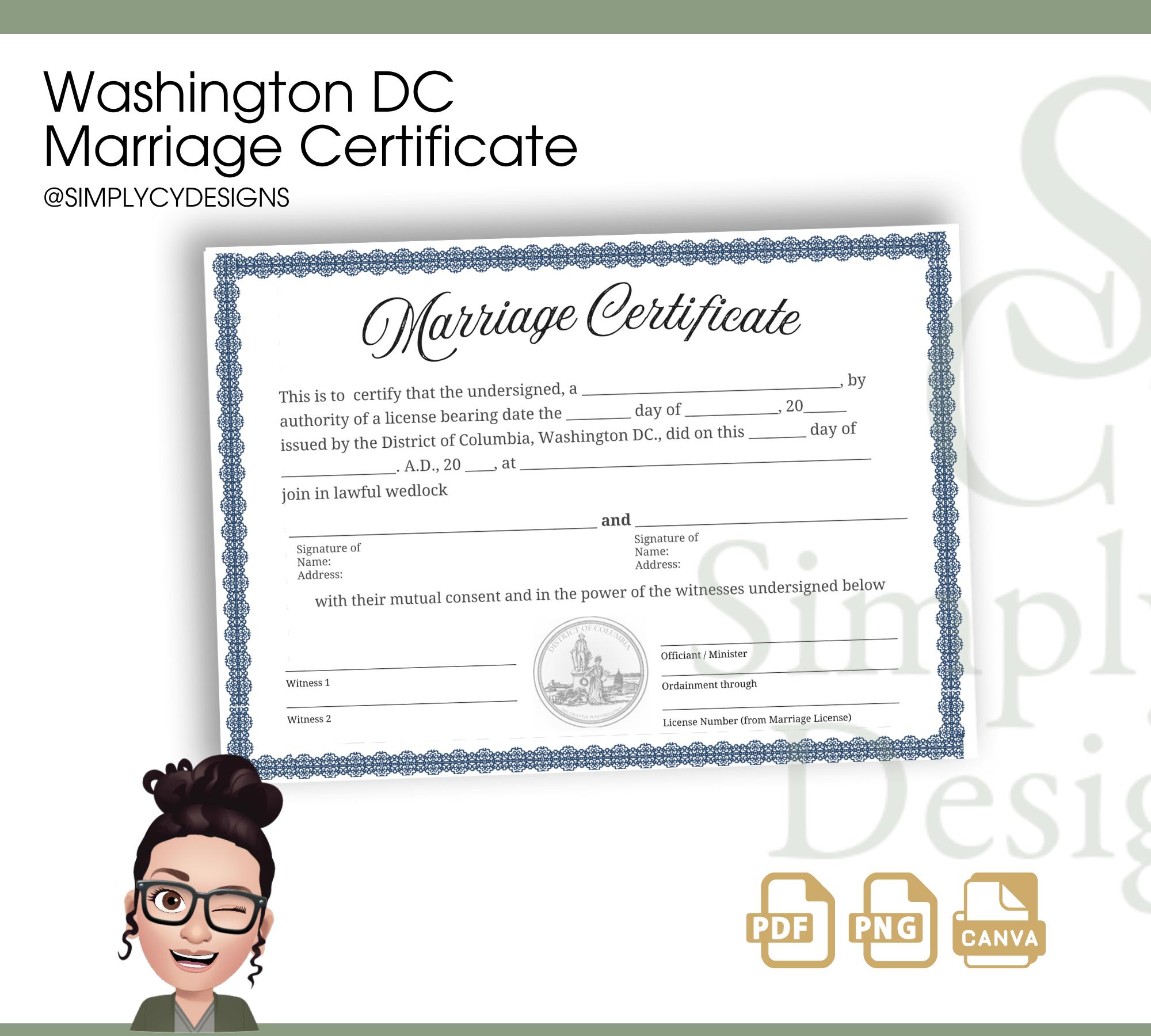 Washington DC Marriage Certificate Printable | Custom Wedding ...