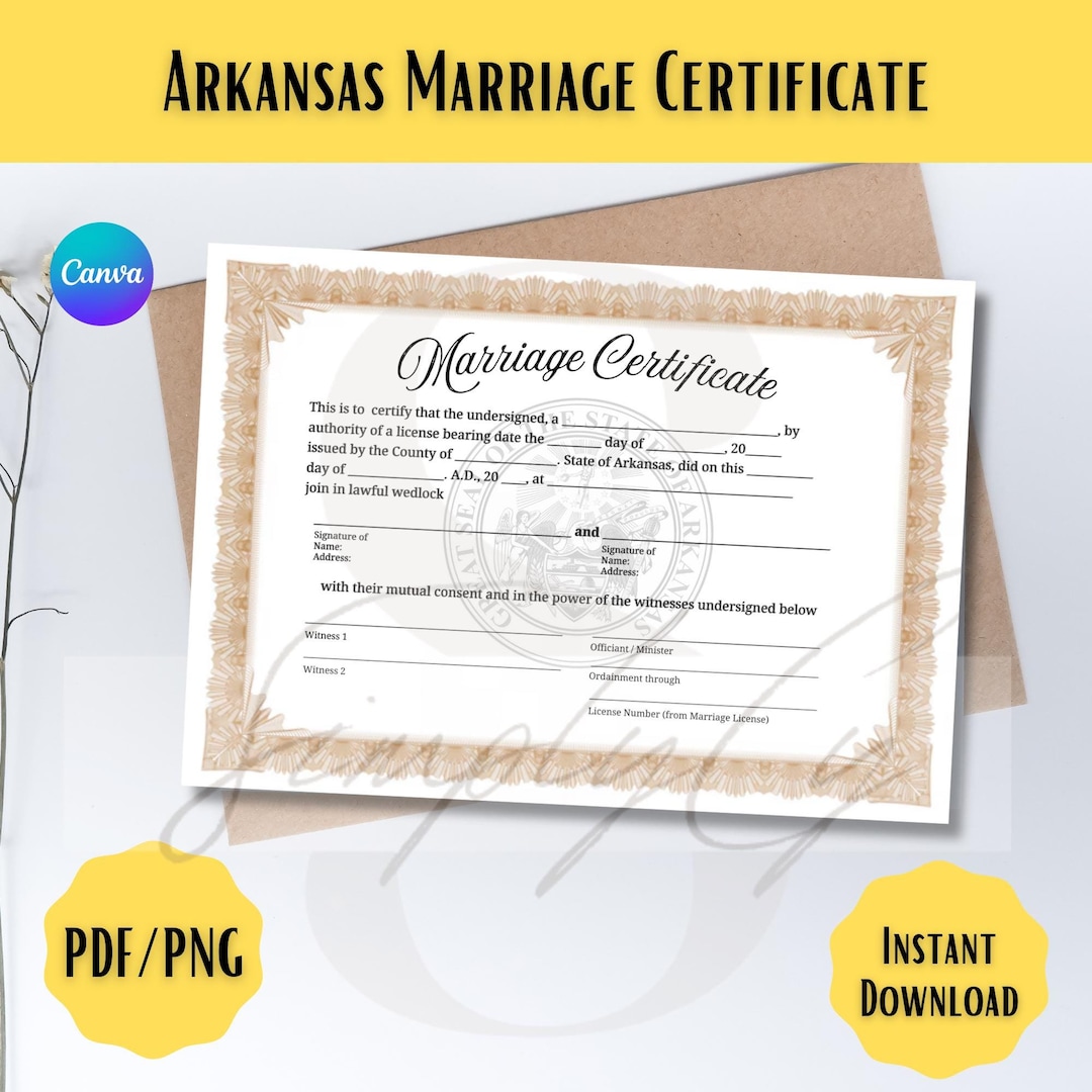 Arkansas Marriage Certificate Template, Printable Wedding Certificate ...