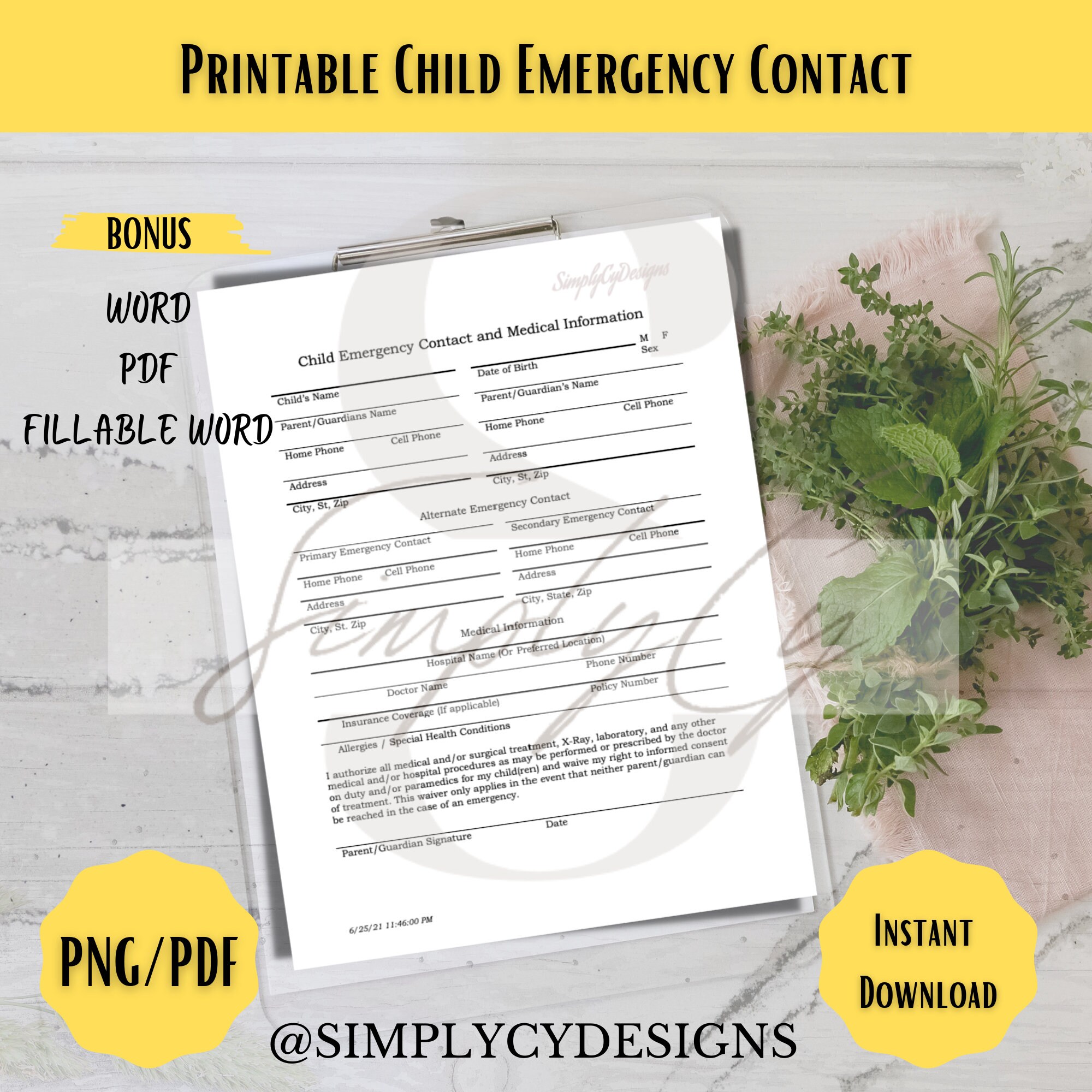 Printable Child Emergency Contact List, Babysitter Contact List ...
