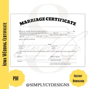 Iowa Commemorative Marriage Certificate, Digital Download, Iowa Wedding ...