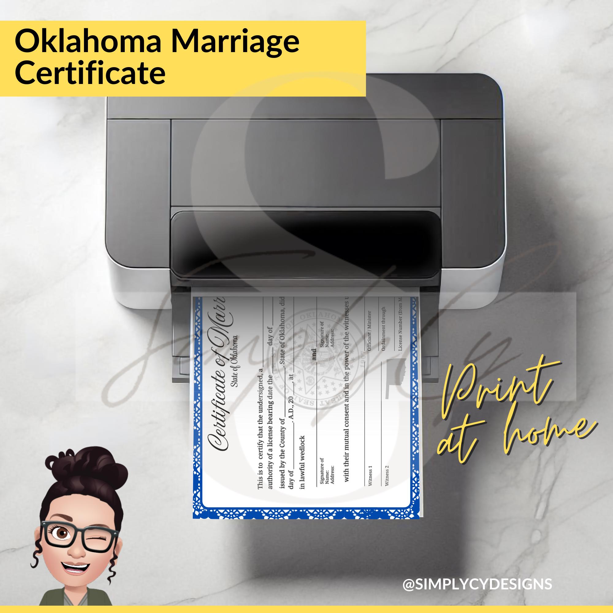Oklahoma Marriage Certificate | Blue Lace Border With State Seal ...