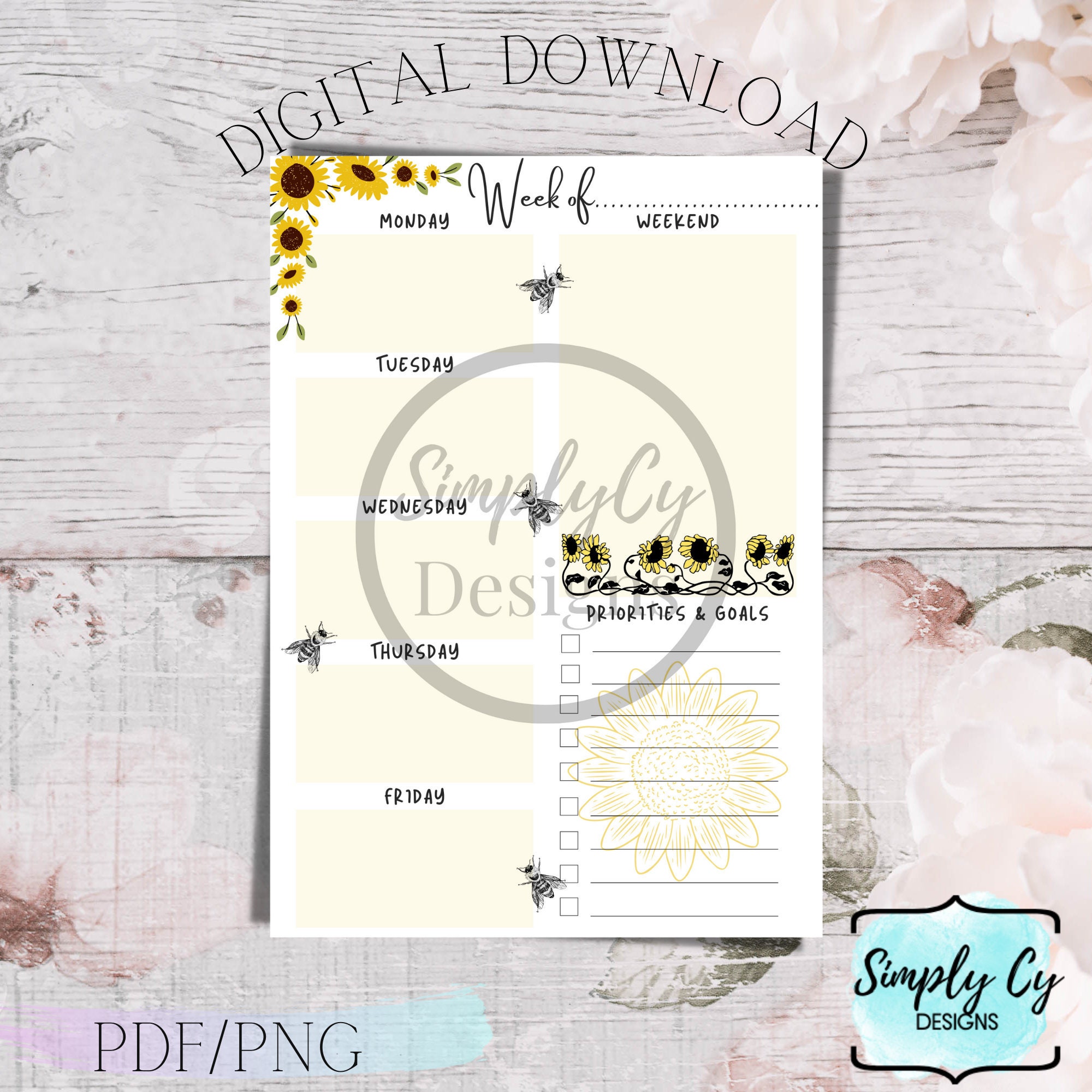 Sunflower Weekly Printable Planner Sheet, Bees and Sunflowers Planner ...