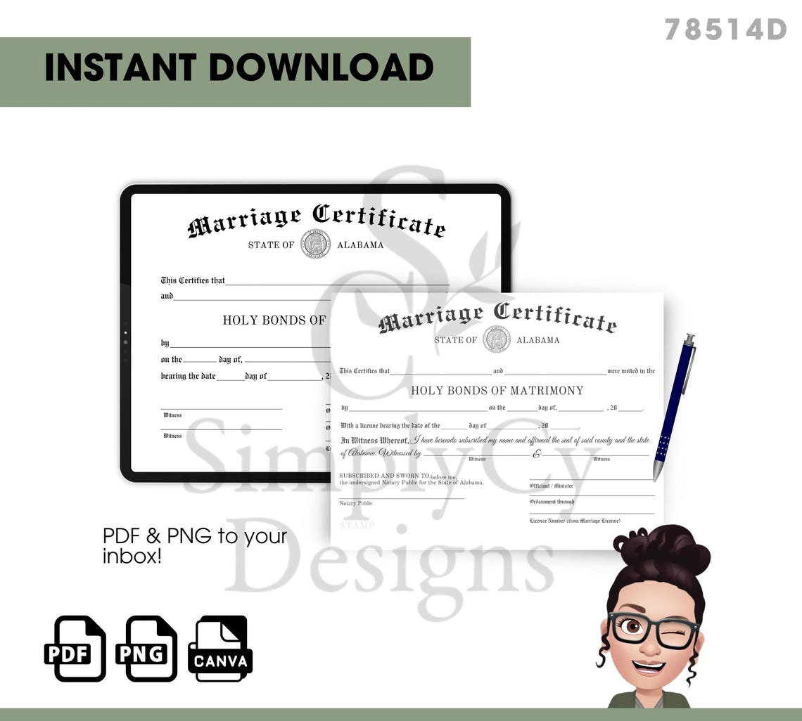 Alabama Marriage Certificate Template | Notary Section | Printable PDF ...