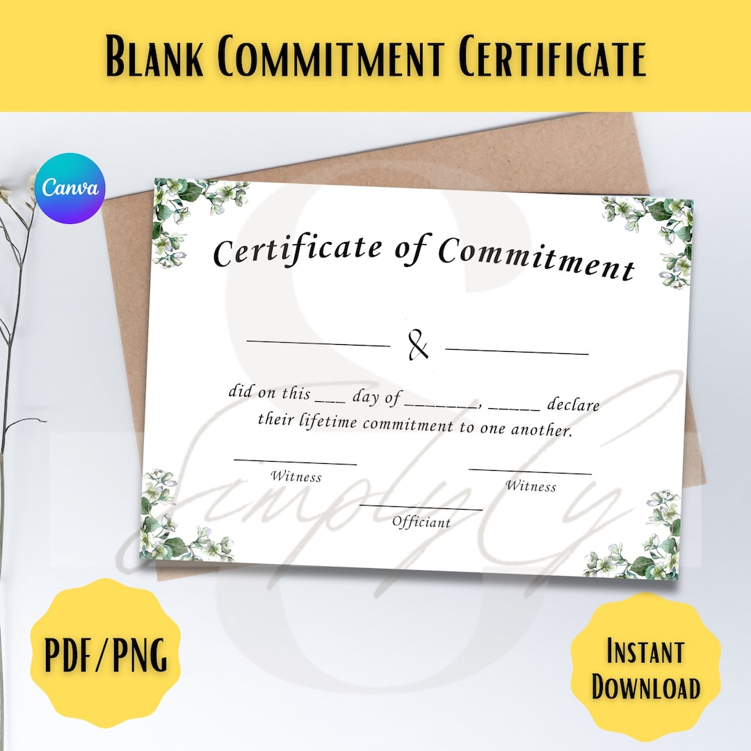 Commitment Ceremony Certificate Template - Digital Download, Blank ...