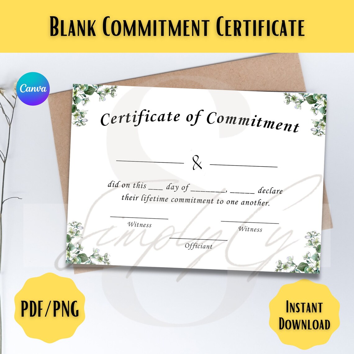 Commitment Ceremony Certificate Template - Digital Download, Blank ...