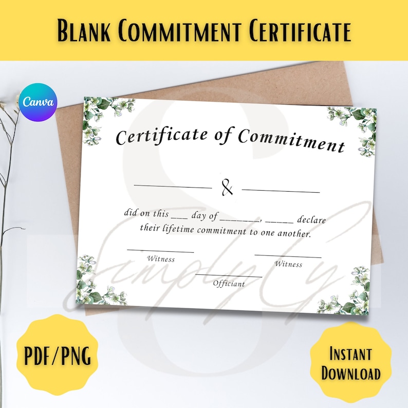 Commitment Ceremony Certificate Template - Digital Download, Blank ...