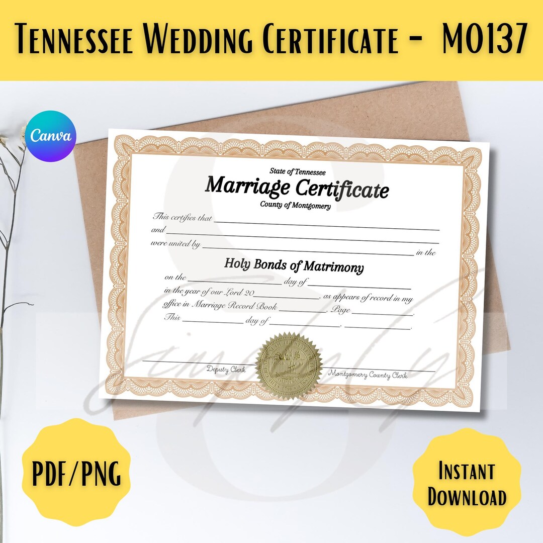 Tennessee Gold Frame Marriage Certificate, Montgomery County, Tennessee ...