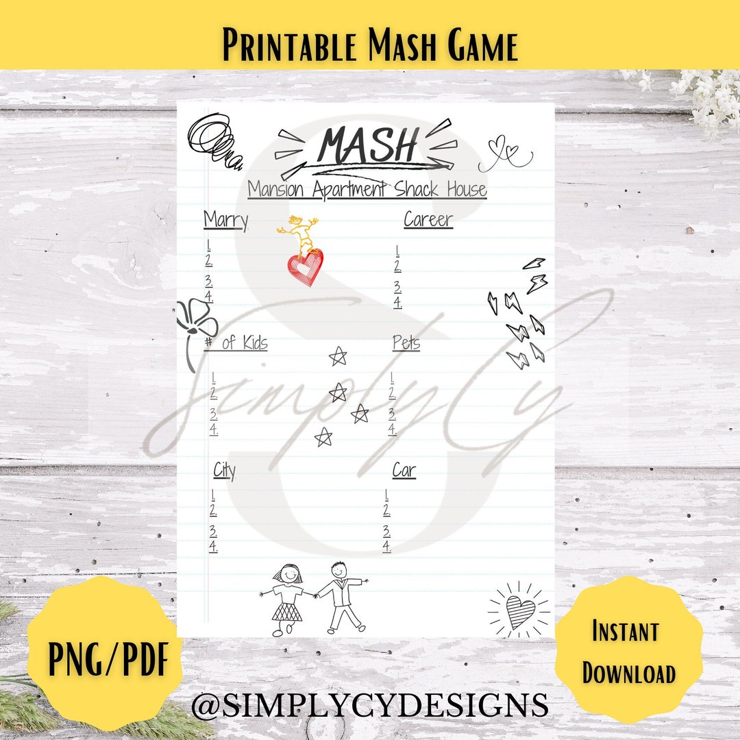 Printable Mash Game, Throwback MASH Game, Mash, Kids Paper Game, Mash ...