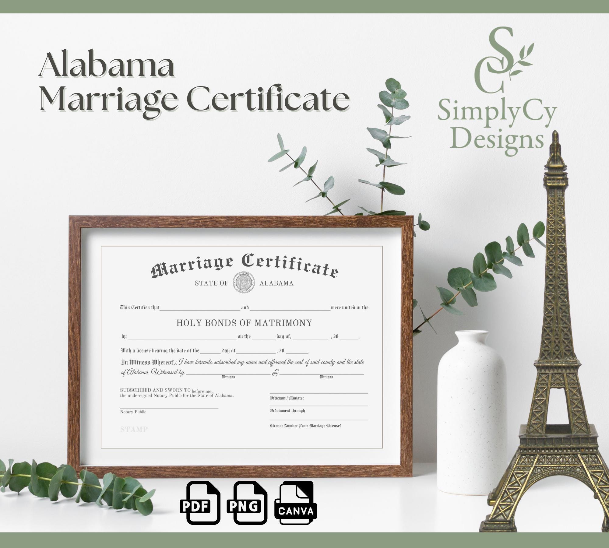 Alabama Marriage Certificate Template | Notary Section | Printable PDF ...