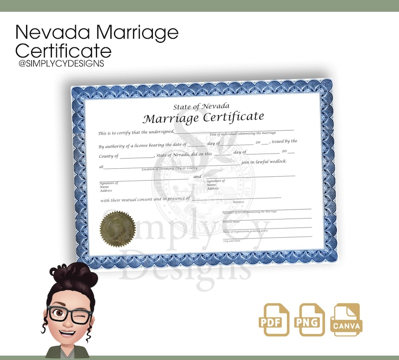 Nevada Wedding Certificate – Printable Marriage License for Elopements ...