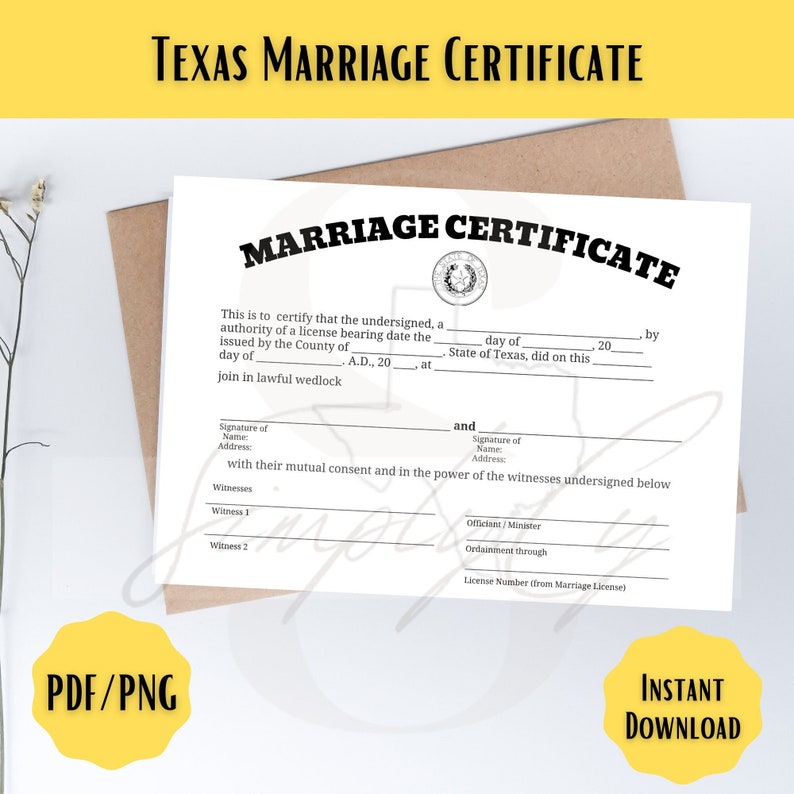 Texas Commemorative Marriage Certificate, Digital Download, Texas ...