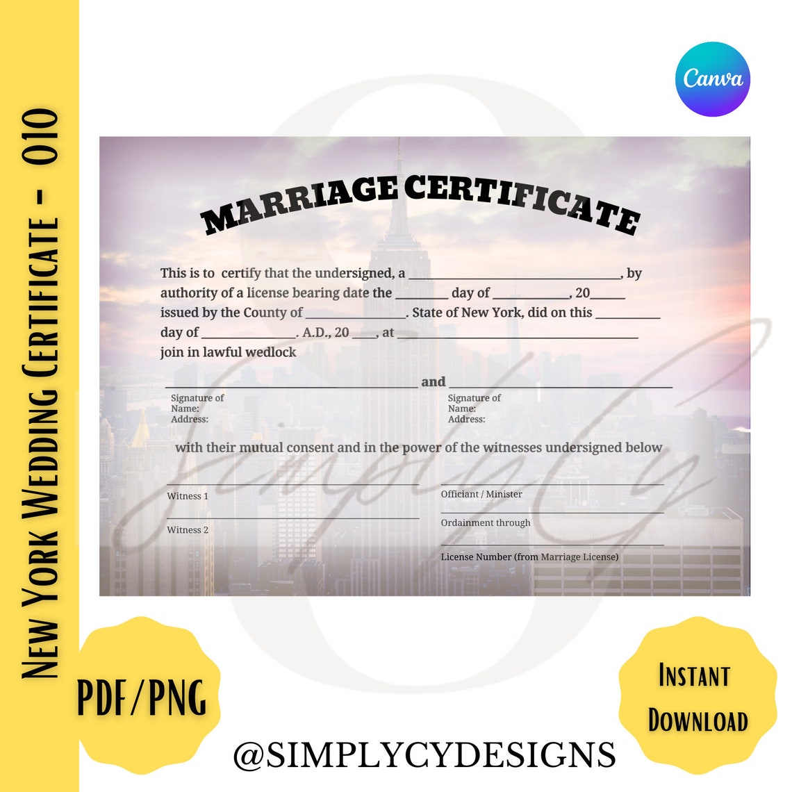 New York Marriage Certificate With Scenic Landscape and Sunset Sky ...