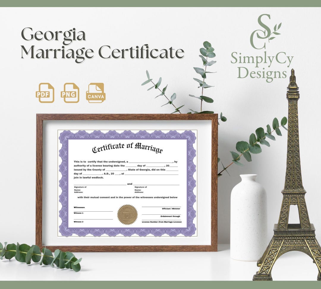 Georgia Marriage Certificate Template, Printable Wedding Certificate ...