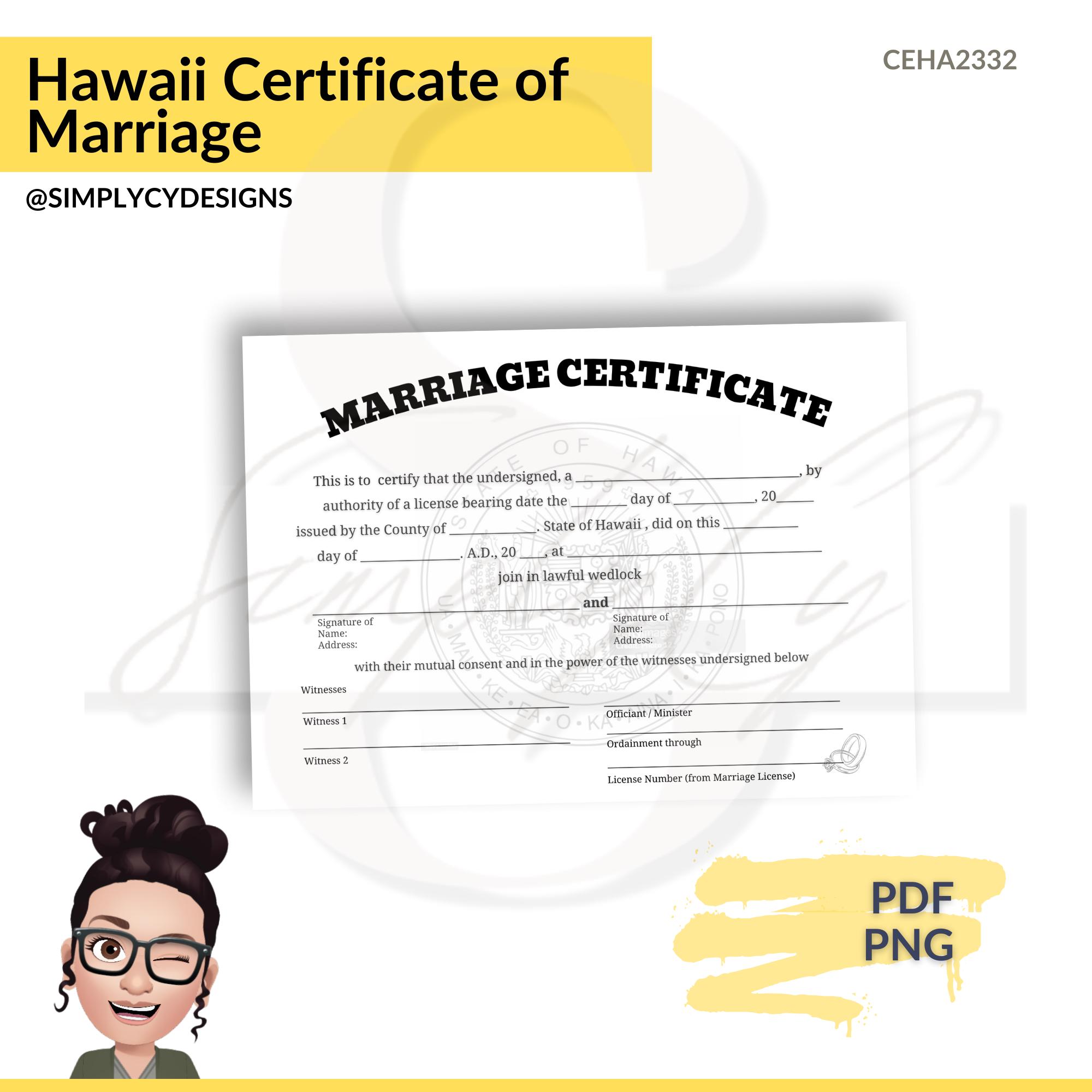 Hawaii Commemorative Marriage Certificate, Digital Download, Hawaii ...