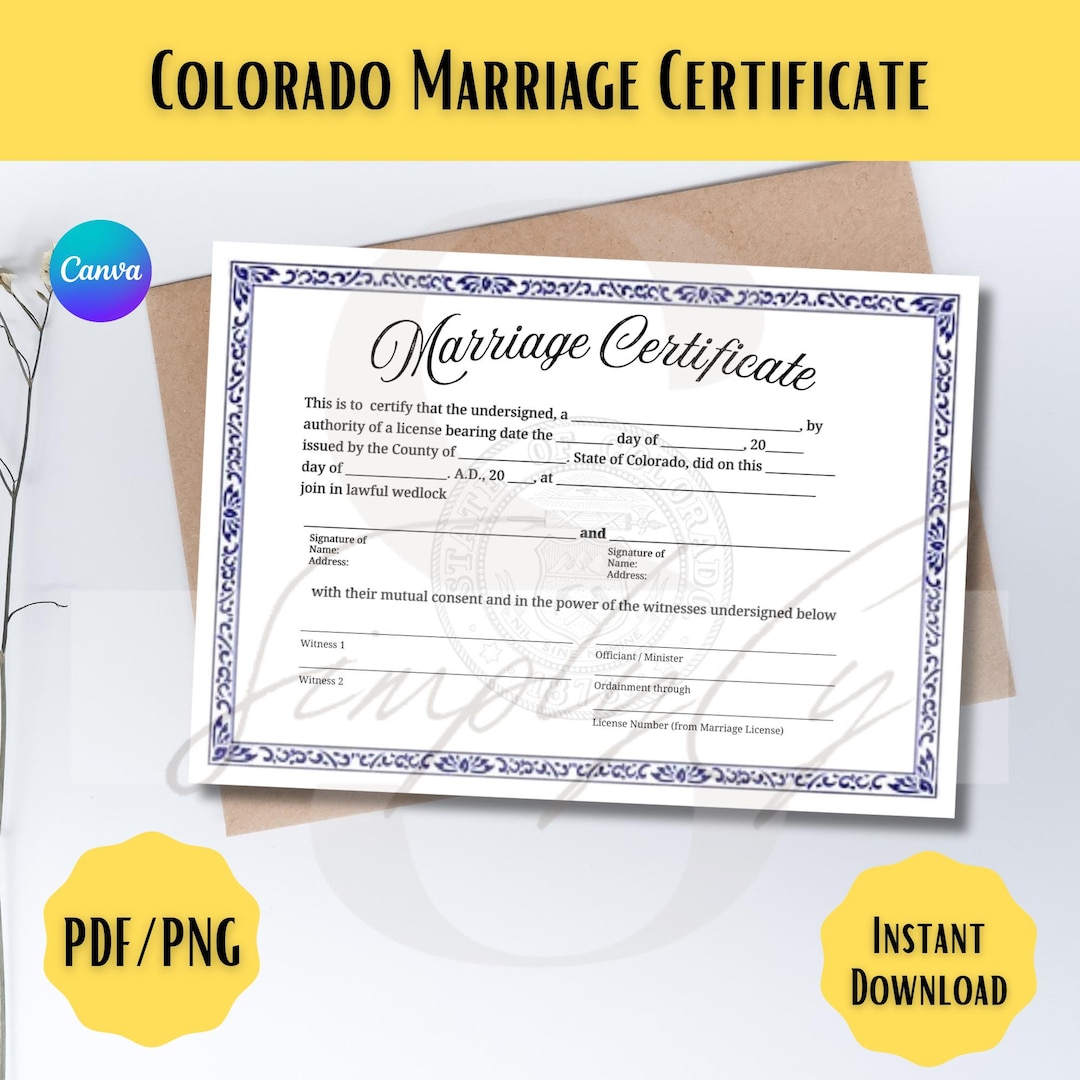 Colorado Marriage Certificate Template Digital Download With Editable ...