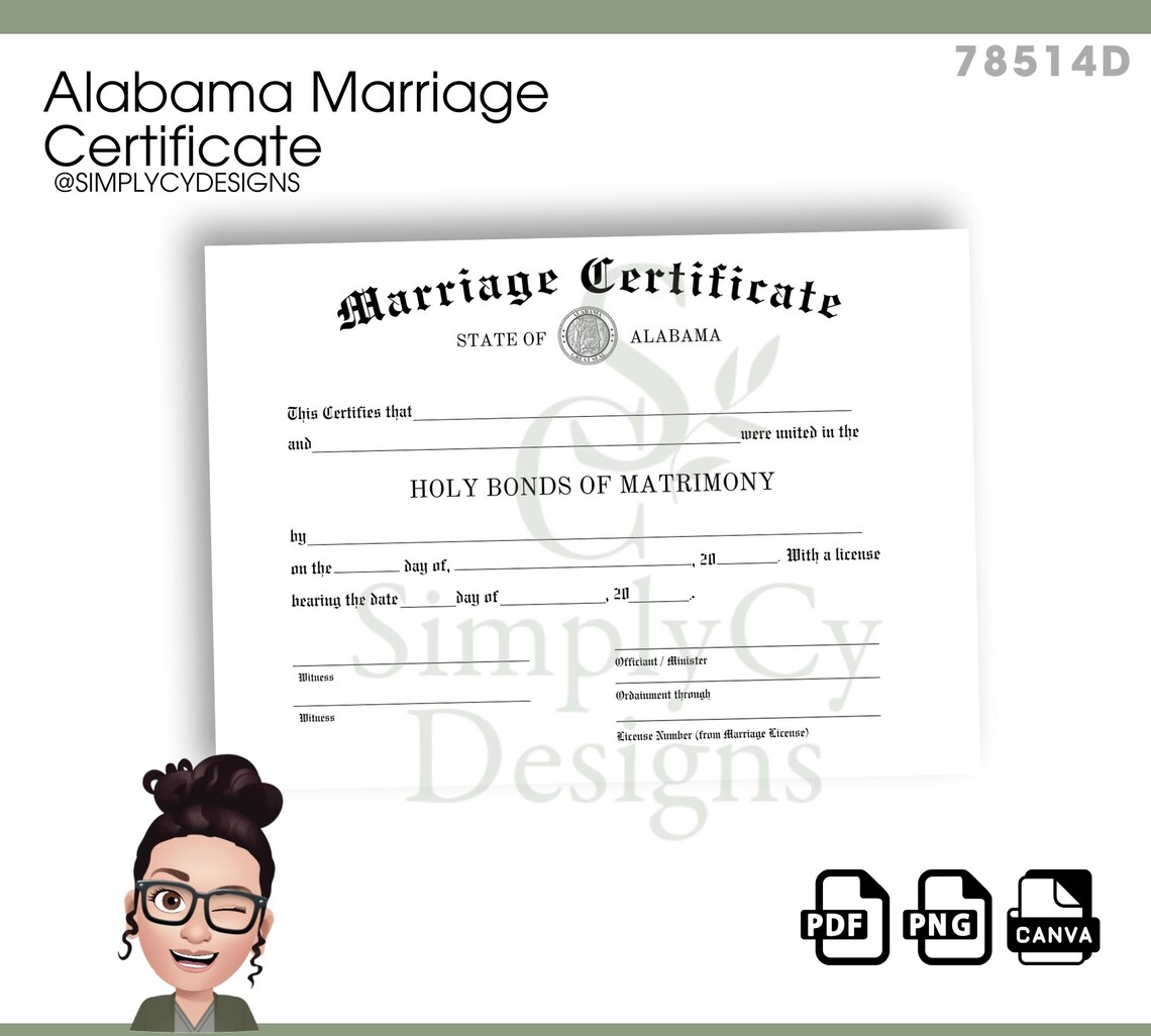 Alabama Marriage Certificate Template | Notary Section | Printable PDF ...