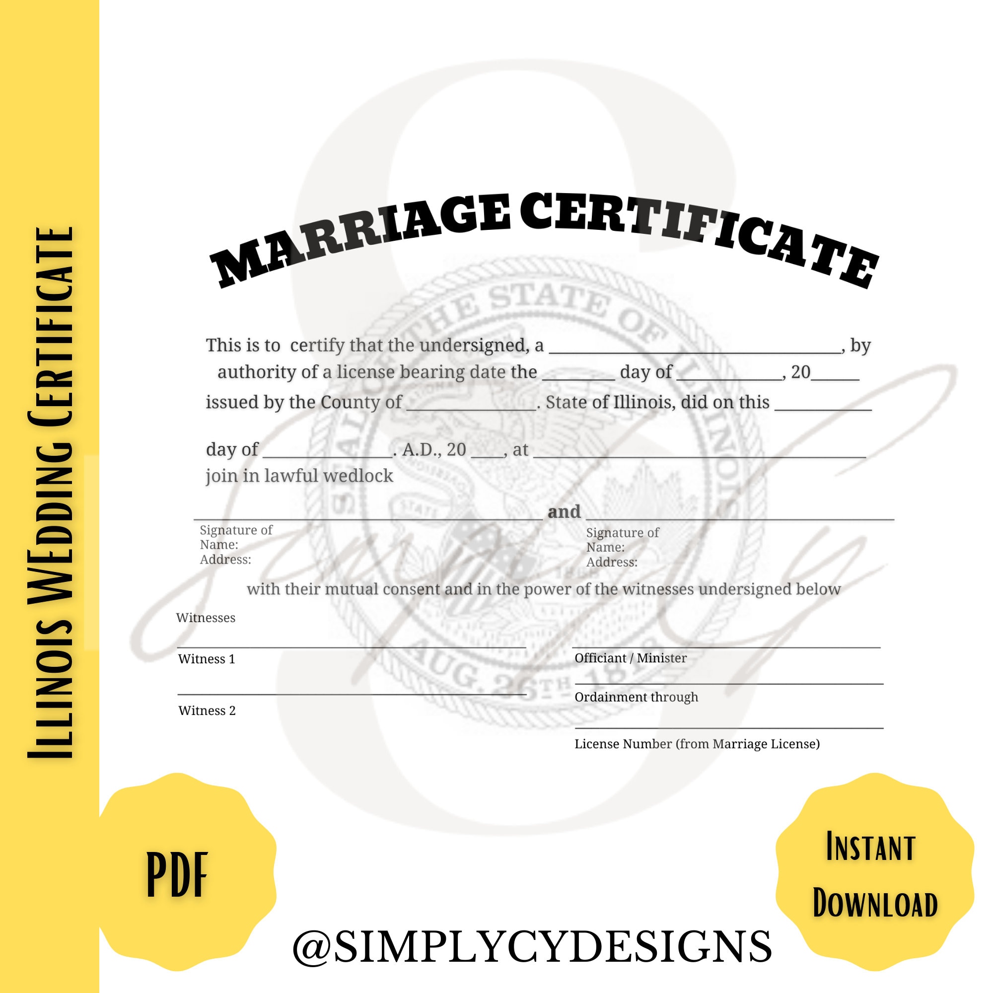 Illinois Commemorative Marriage Certificate, Digital Download, Illinois ...