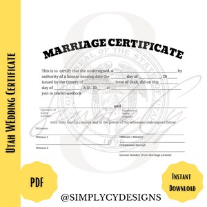Utah Commemorative Marriage Certificate, Digital Download, Utah Wedding ...