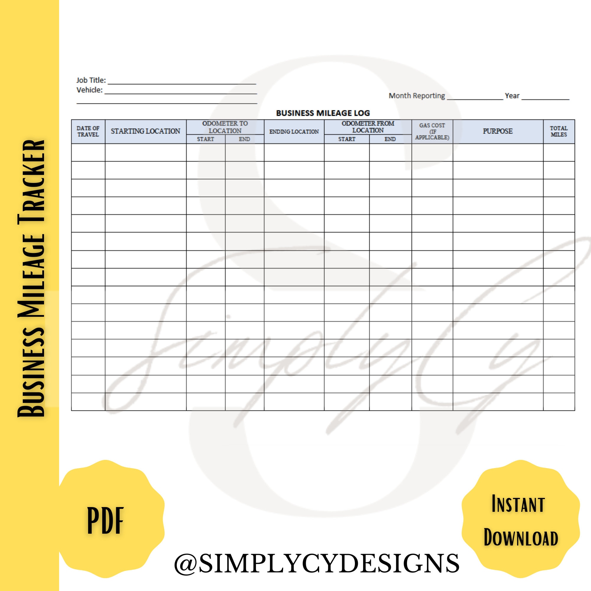 Printable Business Mileage Tracker, Mileage Tracker, Business Documents ...
