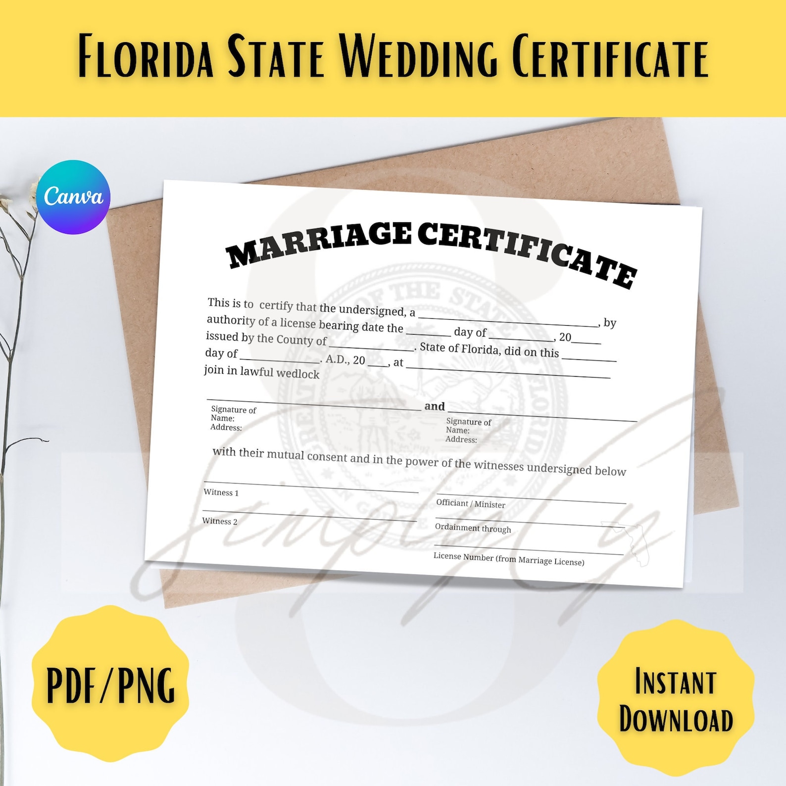 Florida Marriage Certificate With State Seal, Downloadable Wedding ...