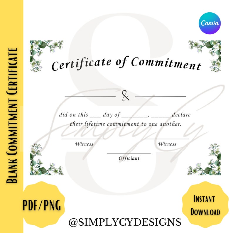Commitment Ceremony Certificate Template - Digital Download, Blank ...