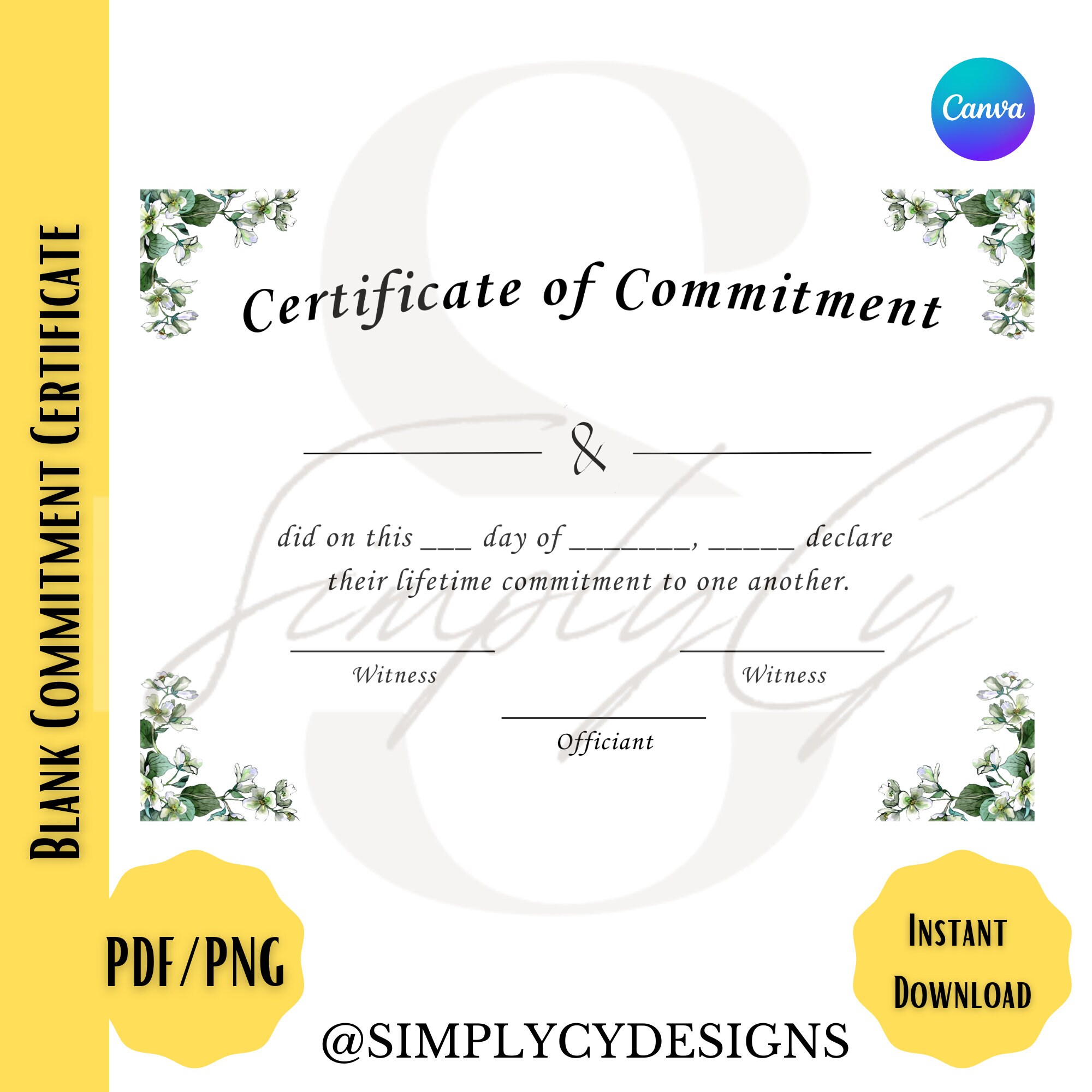 Commitment Ceremony Certificate Template - Digital Download, Blank ...