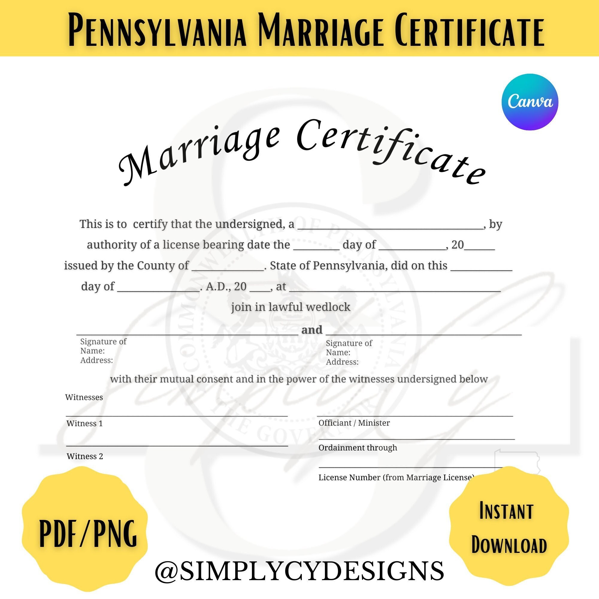 Pennsylvania Commemorative Marriage Certificate, Canva Template ...