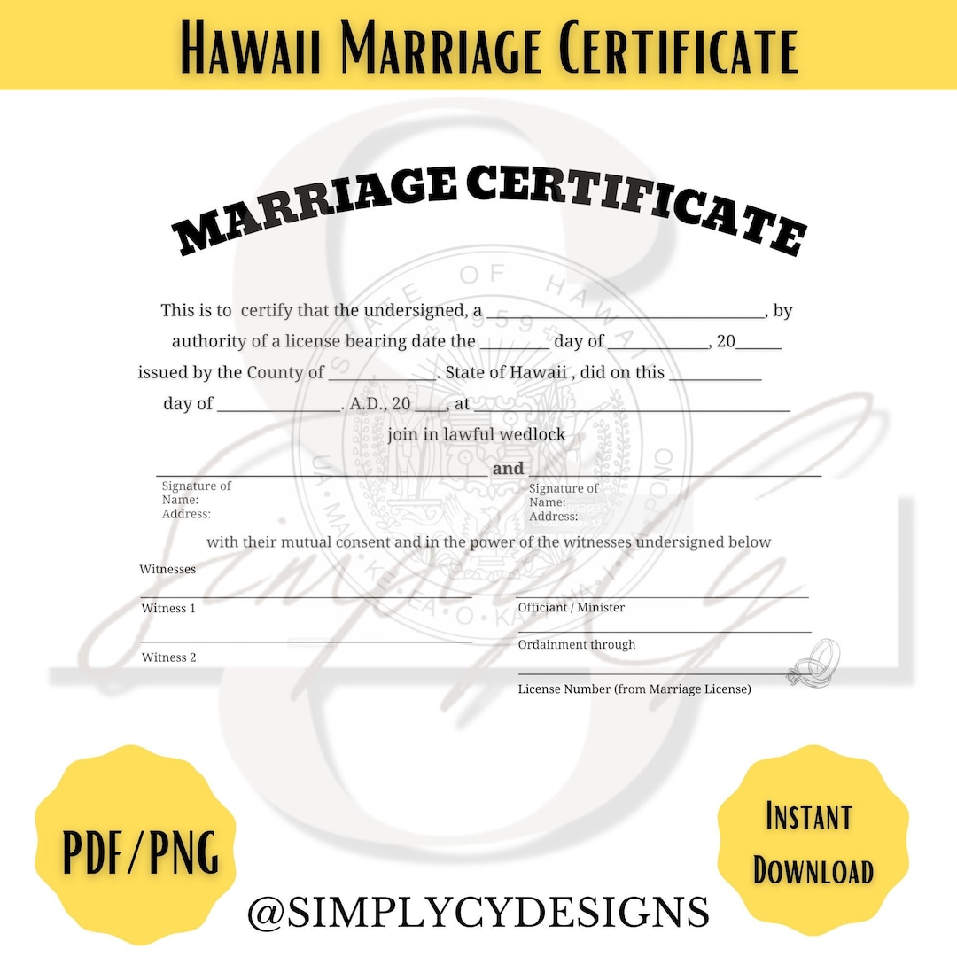 Hawaii Commemorative Marriage Certificate, Digital Download, Hawaii ...