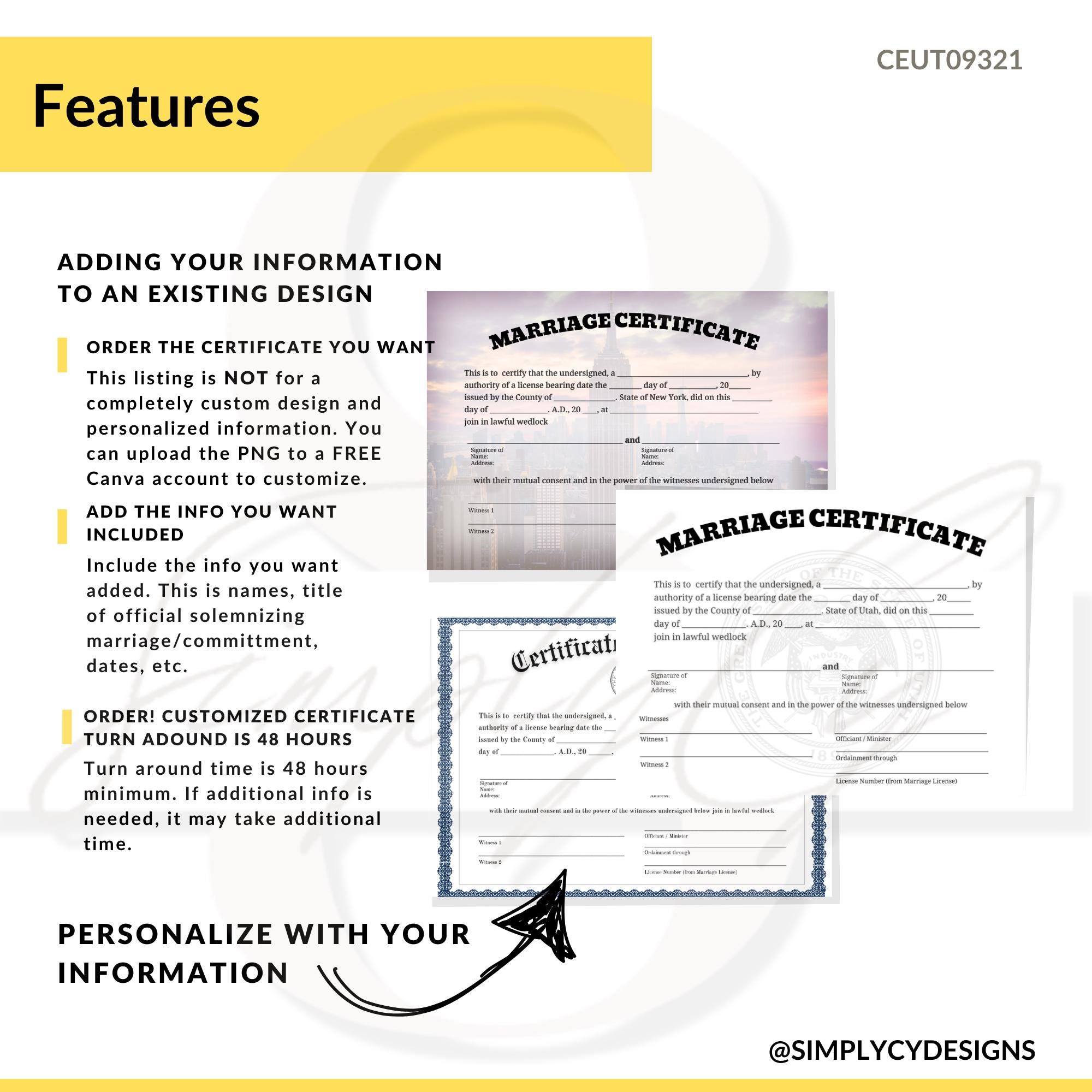 Utah Commemorative Marriage Certificate, Digital Download, Utah Wedding ...