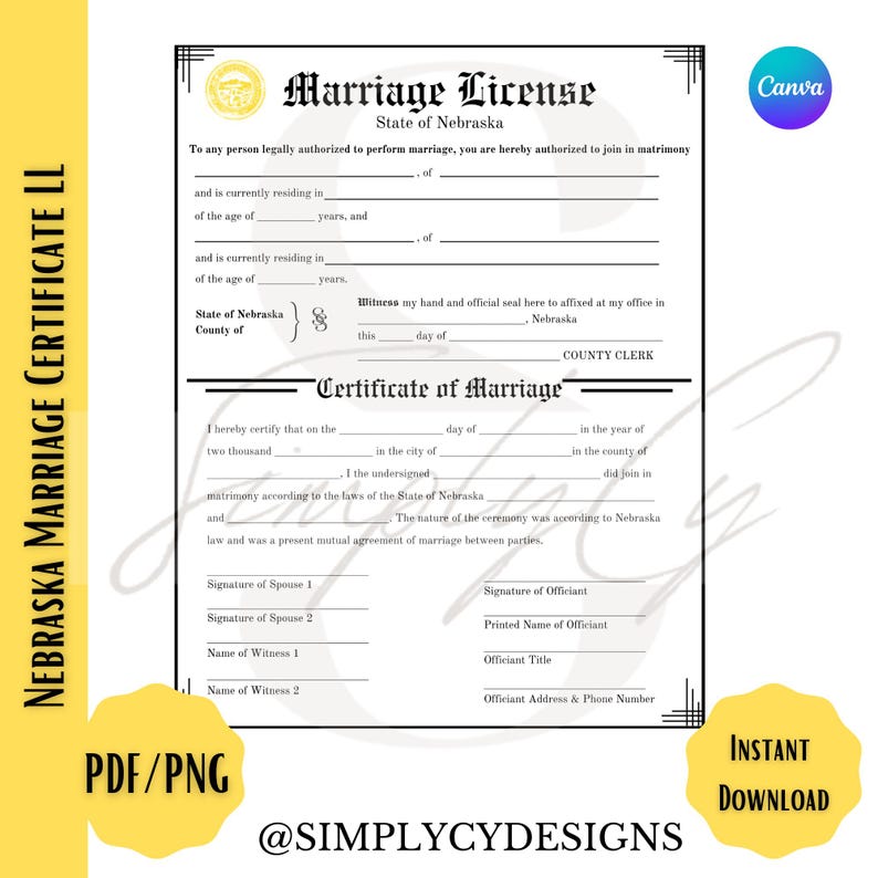 Nebraska Marriage Certificate Template | 8.5x11 Editable Canva Download ...
