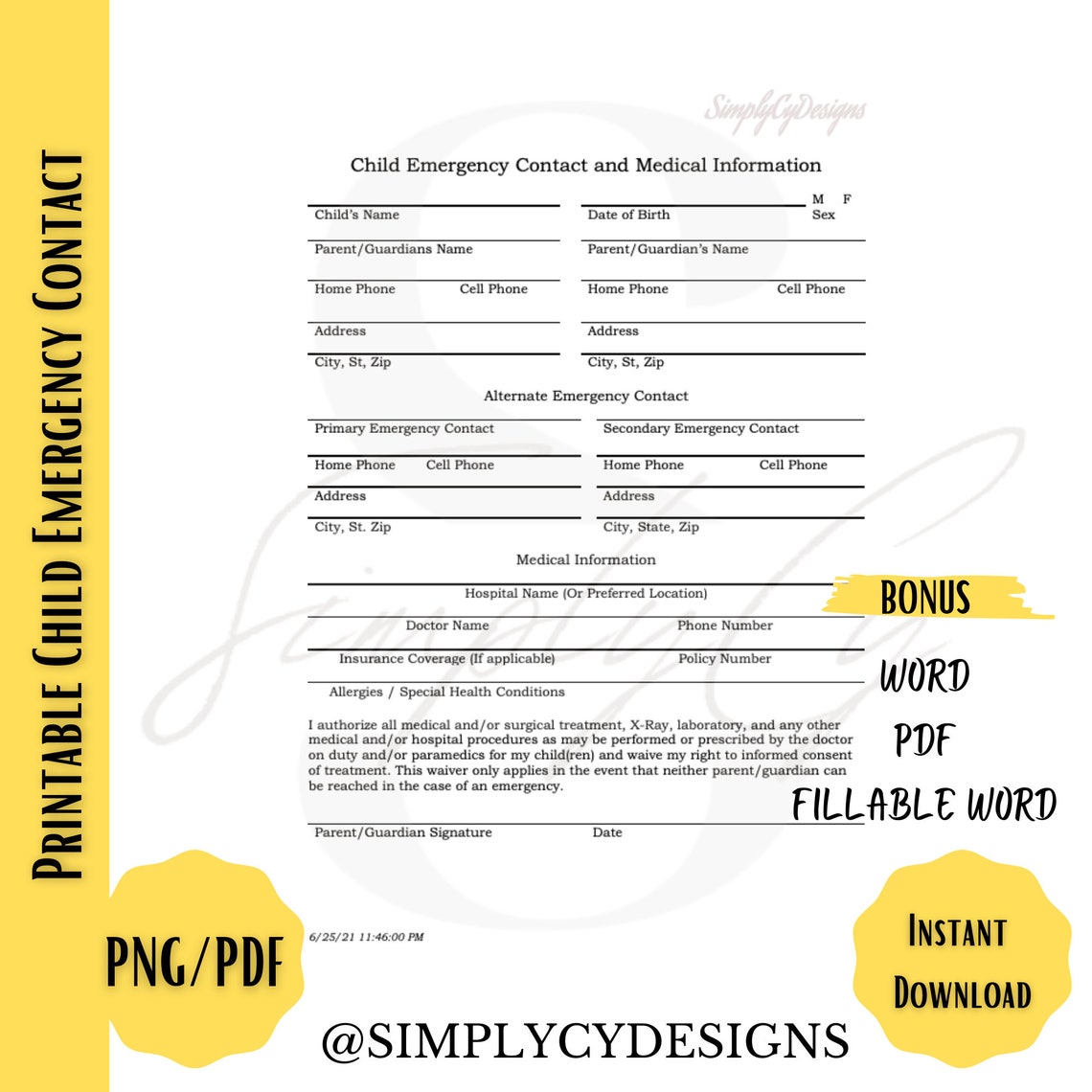 Printable Child Emergency Contact List, Babysitter Contact List ...