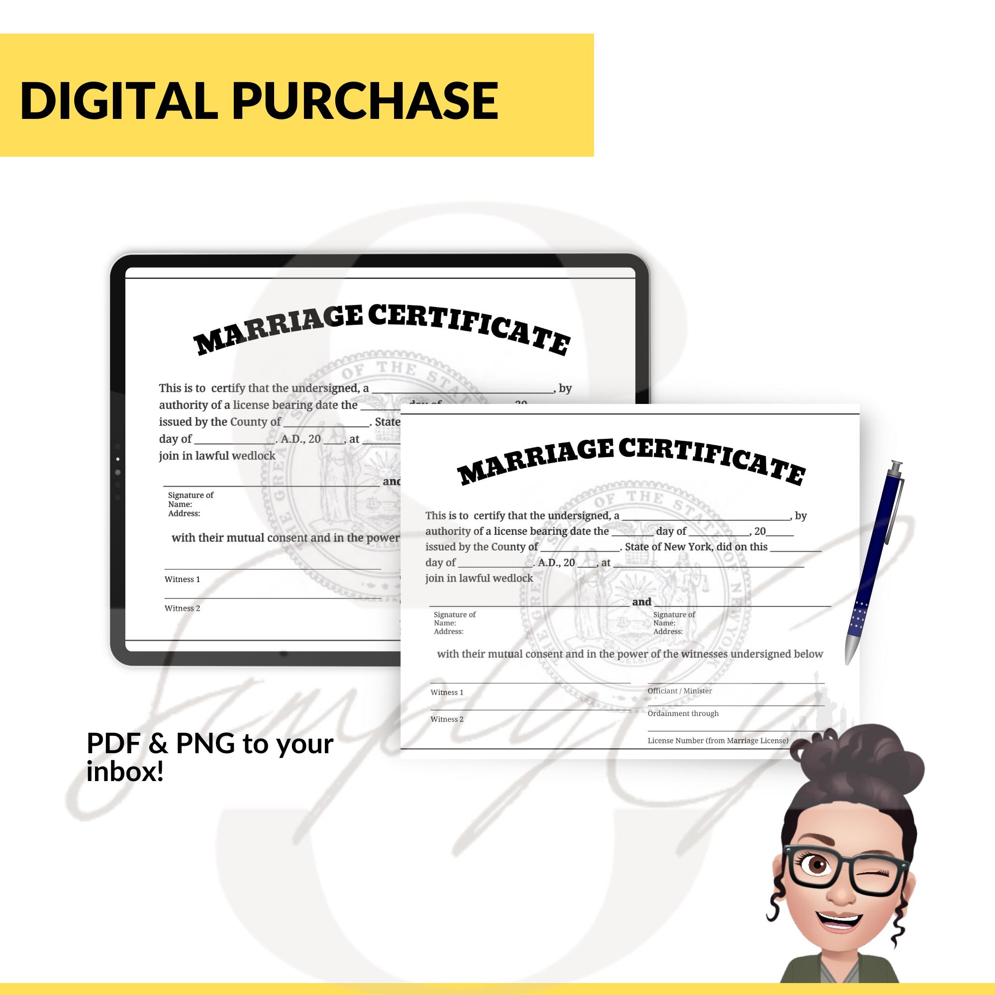New York Marriage Certificate With Seal and Statue of Liberty Outline ...