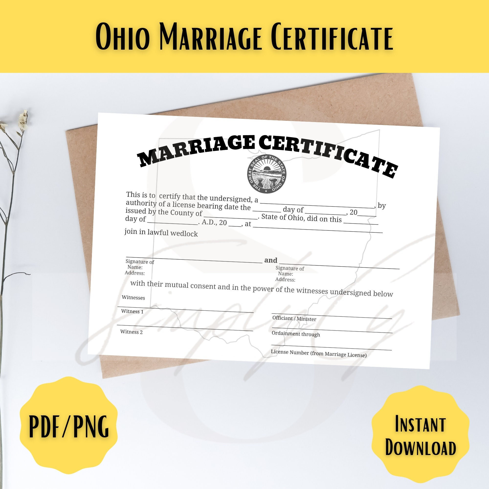 Ohio Commemorative Marriage Certificate, Digital Download, Ohio Wedding ...